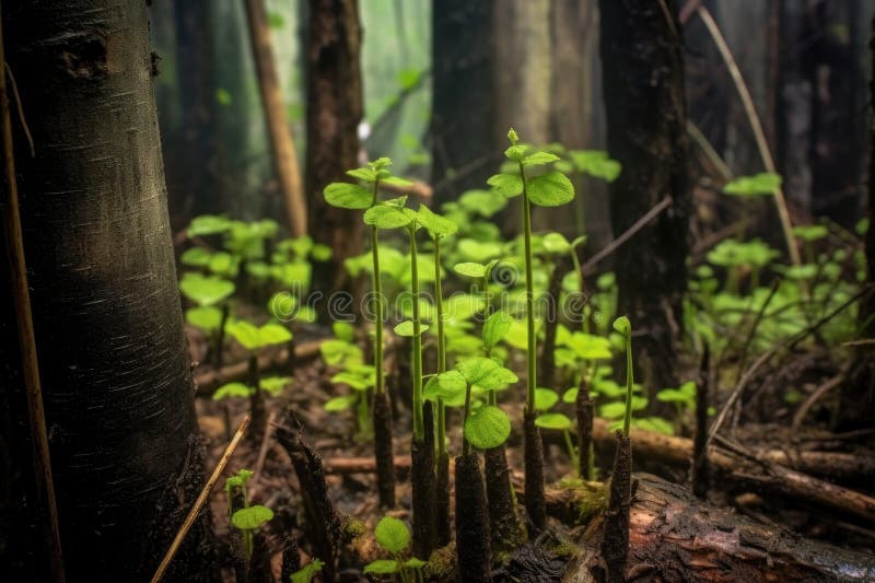 Young Green Saplings Sprouting among Burnt Tree Trunks Stock Photo ...