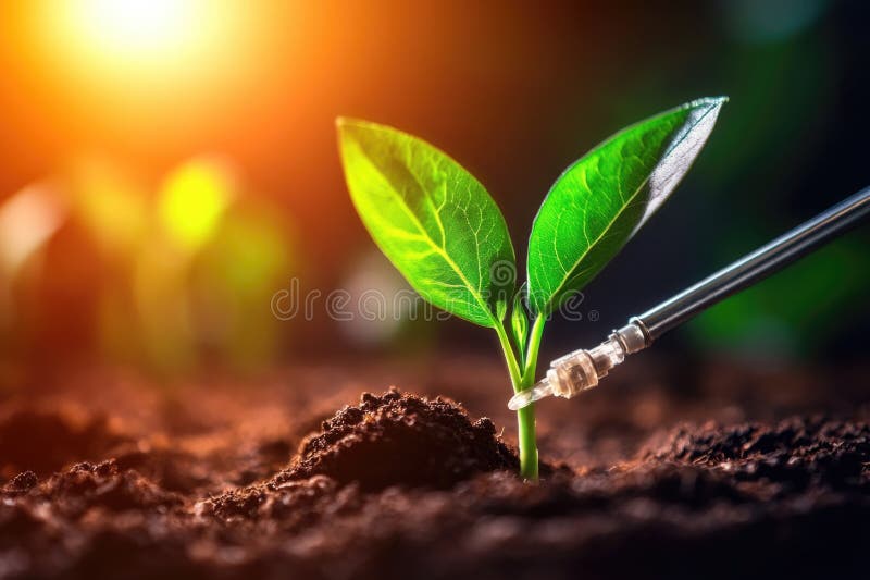 Young Green Seedling in Soil with Sunlight and Watering Needle Stock ...