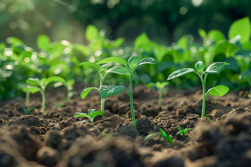 Young Green Seedlings Plants Growing in Ground. Cultivation of ...