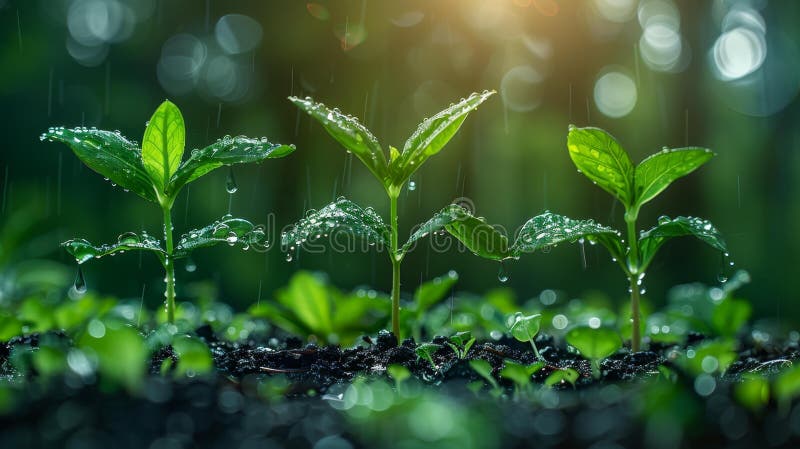Young Green Seedlings with Water Droplets in the Rain, Generative AI ...