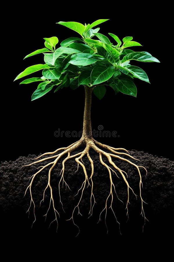 Young Green Tree with Intricate Root System Isolated on Black ...
