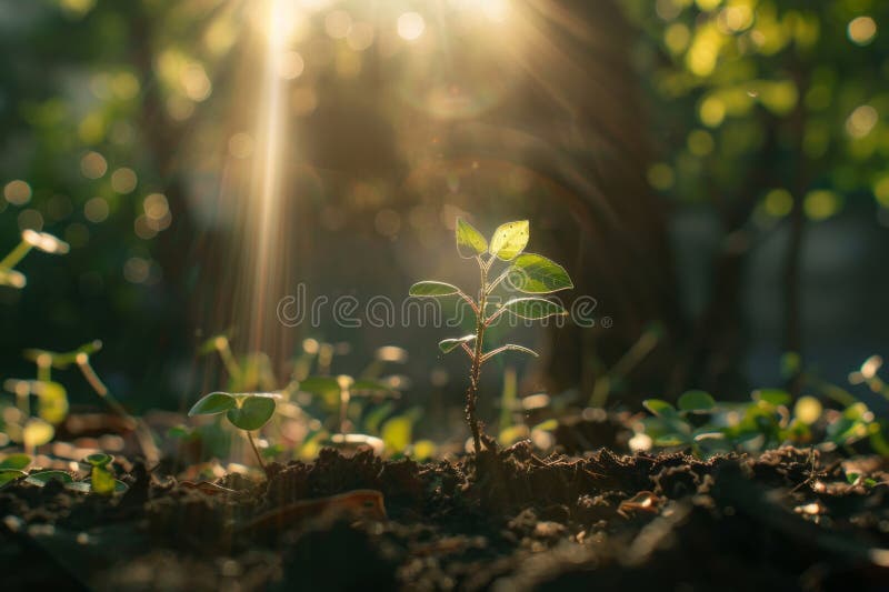 Young Green Tree in the Rays of the Setting Sun, Environmental ...