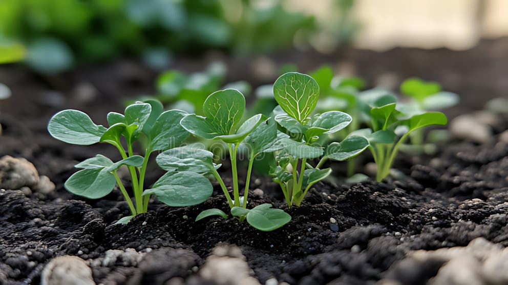 Young Greens Sprouting in Garden Bed Stock Illustration - Illustration ...