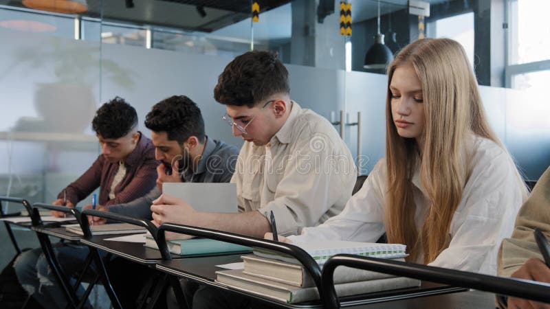 Exam, Thinking and Question with Student in Classroom of School for ...