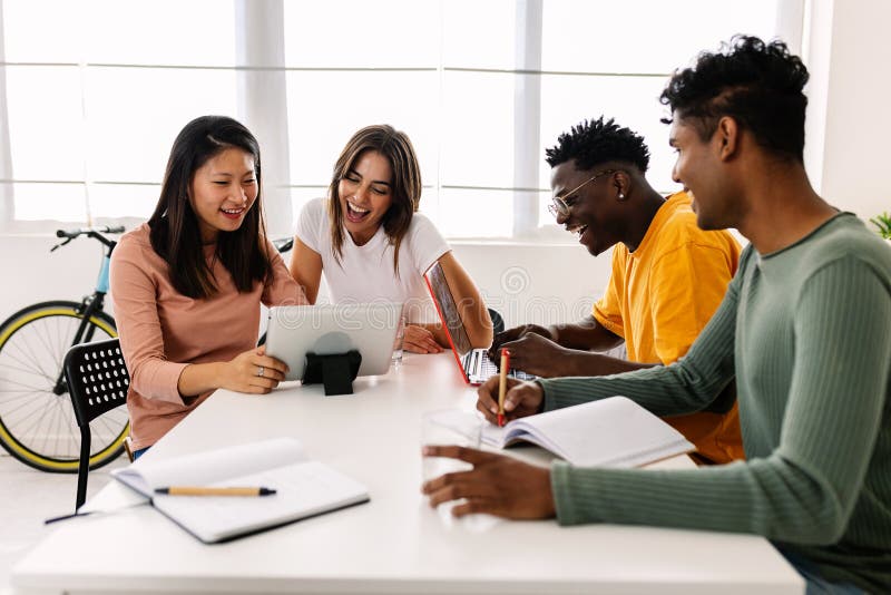 Young Group of High School Students Learning Together at Home Stock ...