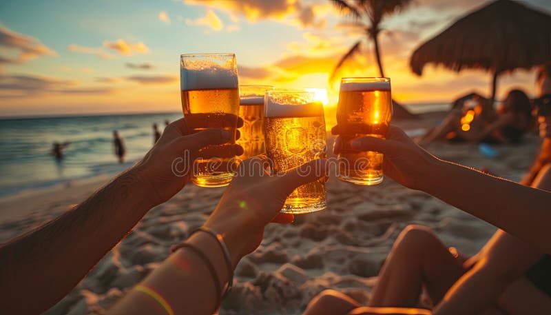 Young Group Party People Toast with Beer on the Beach. Stock ...