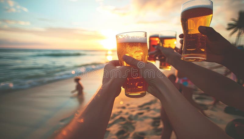 Young Group Party People Toast with Beer on the Beach. Stock ...