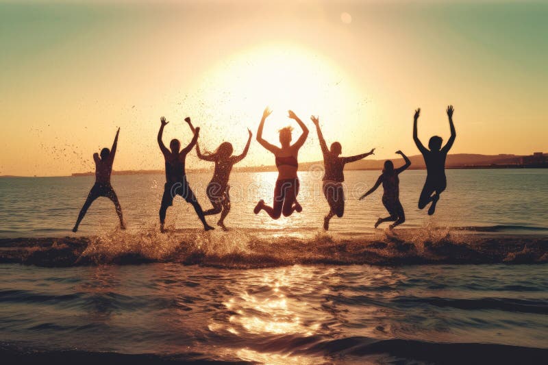 Young Group of People Jumping into the Air at Beach. Generative AI ...