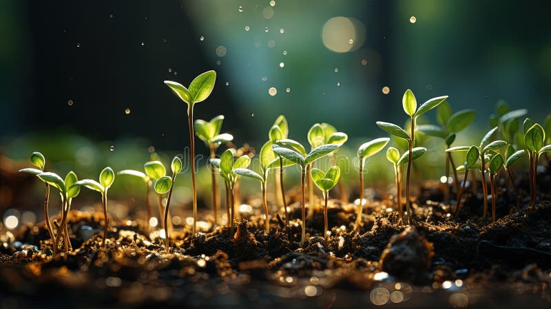 Young Group of Plants Growing Out of the Ground with Light in ...