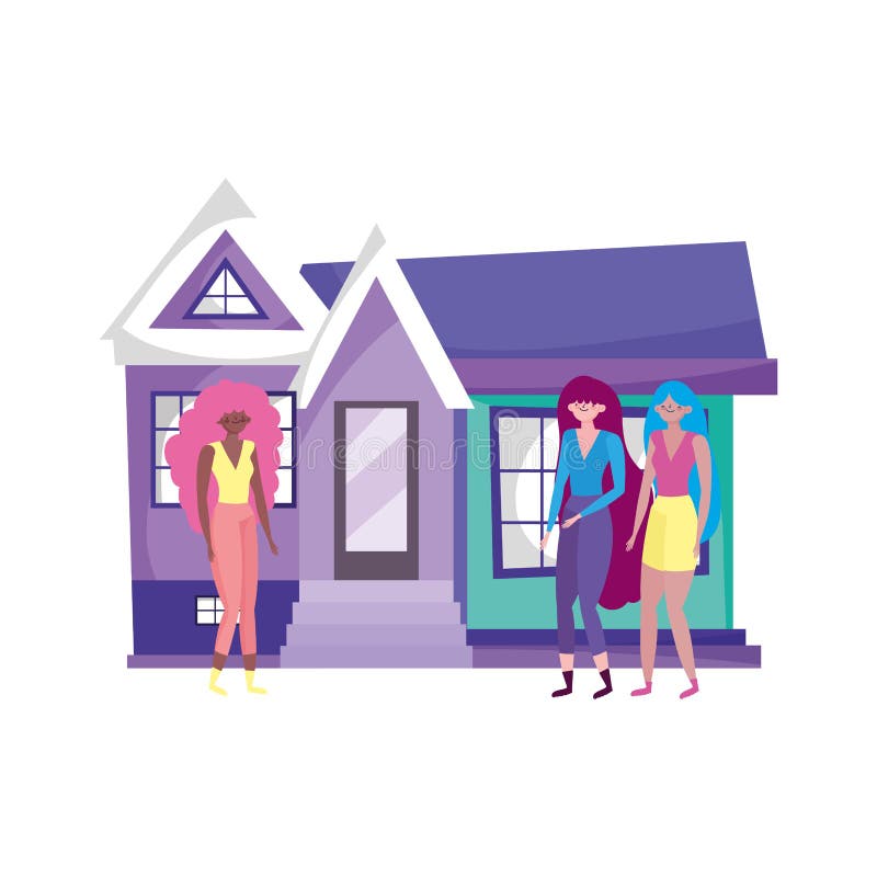Young Group Women Standing Front House Stock Vector - Illustration of ...