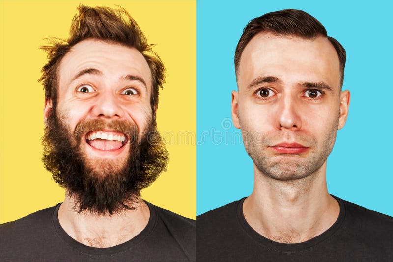 Young Guy with Beard and without a Beard. Man before and after Shave ...