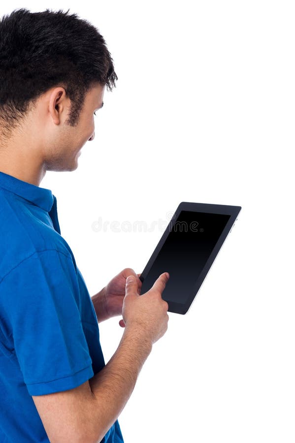 Young Guy Browsing on Tablet Device Stock Photo - Image of chinese ...