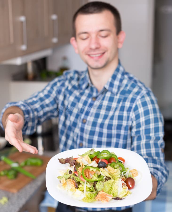 Young Guy Cooked Gourmet Salad Stock Photo - Image of kitchen, foods ...