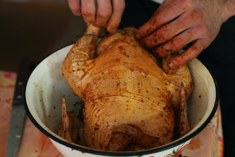 The Young Guy is Cooking Big Chicken Stock Image - Image of meat, bowl ...
