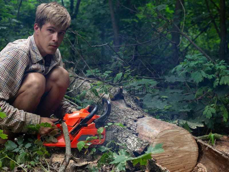 A Young Man Saws with a Chainsaw of Tree Stumps, Prepares Firewood for ...