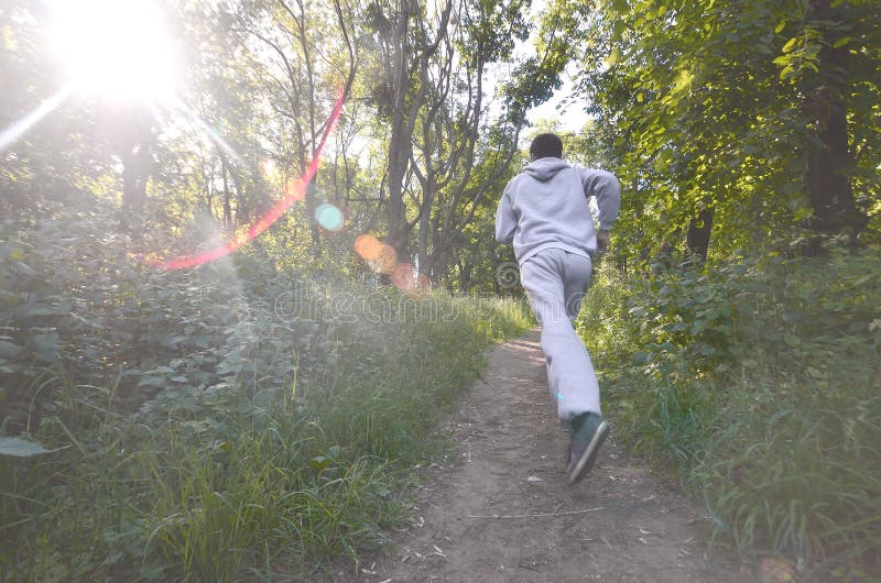 A Young Guy in a Gray Sports Suit Runs Along the Path among the Stock ...