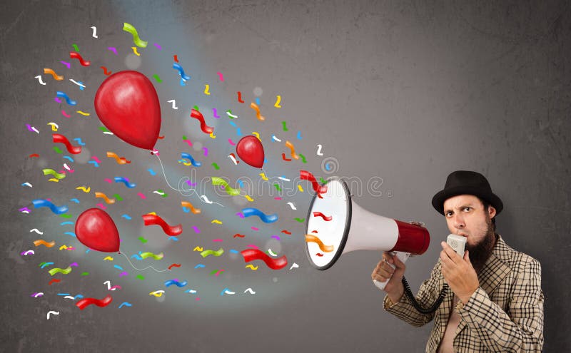 Young Guy Having Fun, Shouting into Megaphone with Balloons Stock Photo ...