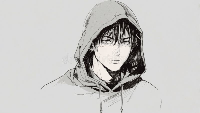 Young Guy in a Hood with His Face Covered in Anime Style. Stock Photo ...