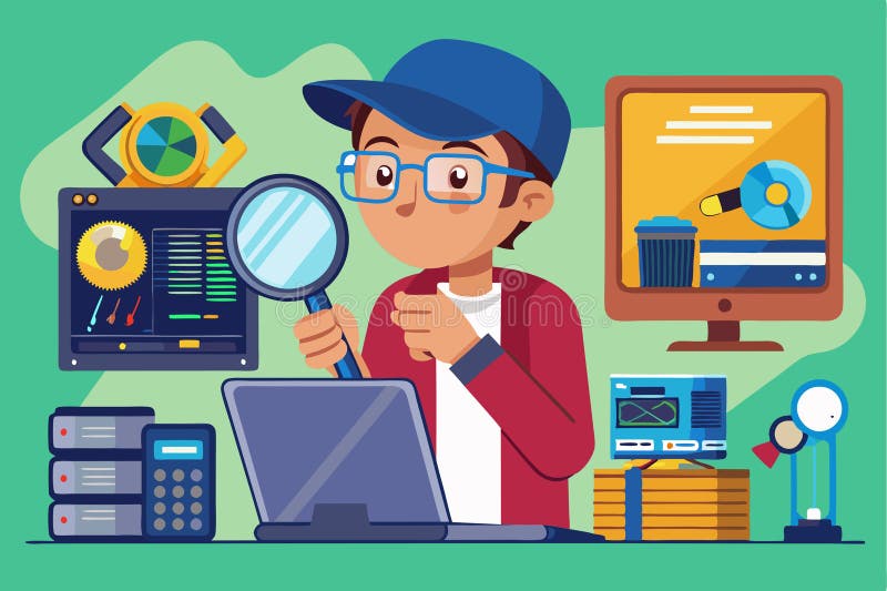 A Young Guy Inspects Hardware Components Using a Magnifying Glass at a ...