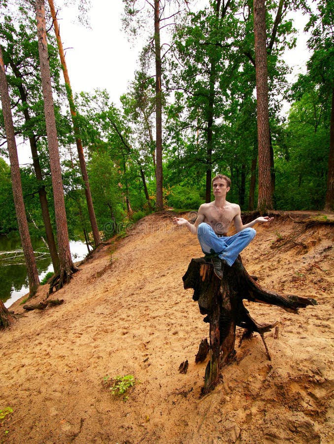 Young Guy Meditates, Sitting on a Stub Stock Image - Image of pleasure ...