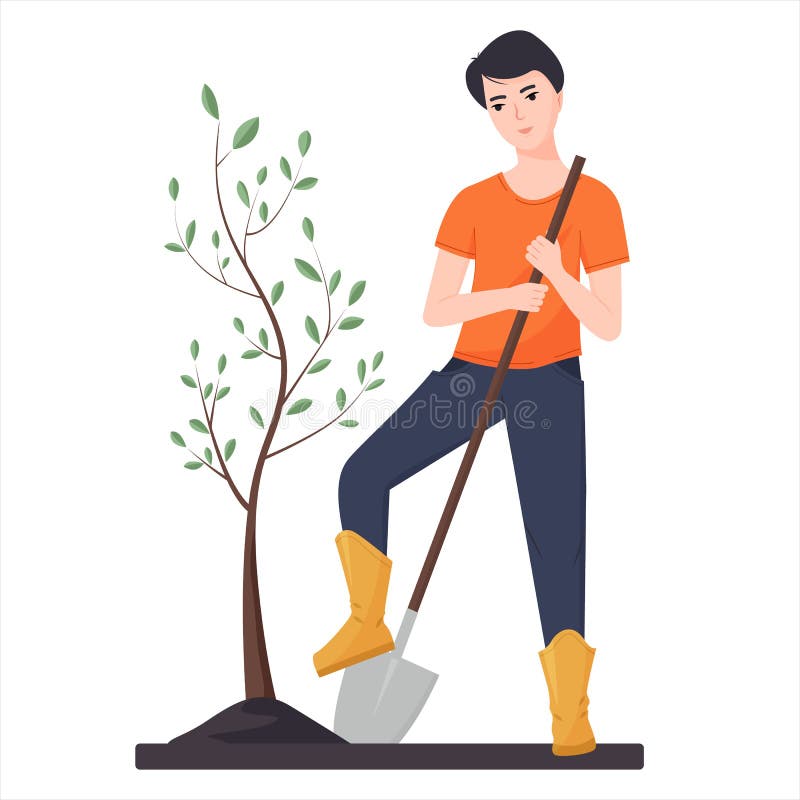 A Young Guy is Planting a Tree. Agricultural Work. Gardening Work Stock ...