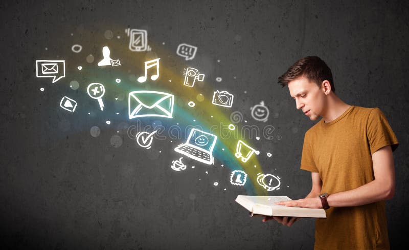 Young Guy Reading a Book with Multimedia Icons Coming Out of the Stock ...