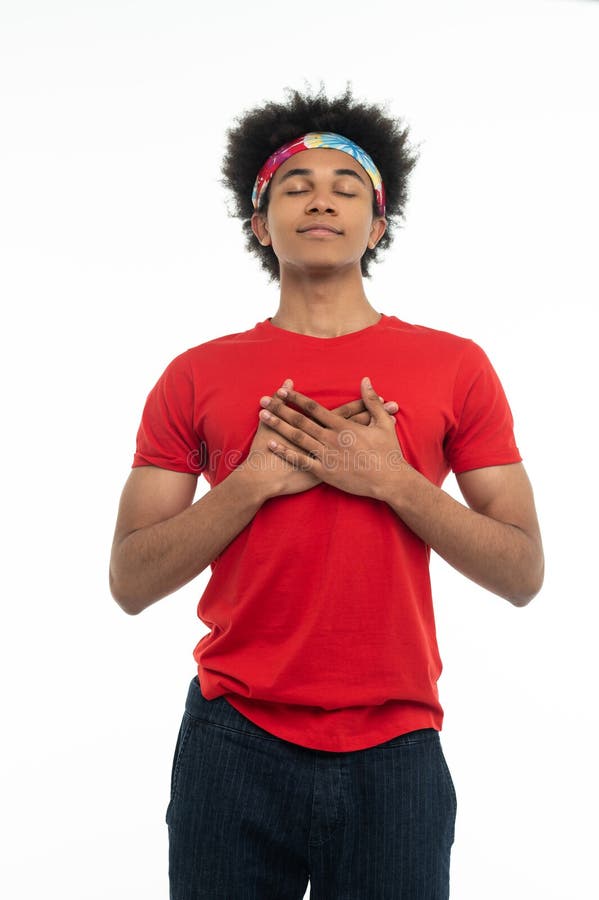 Young Guy in Red Thsirt Looking Calm and Tranquil Stock Photo - Image ...