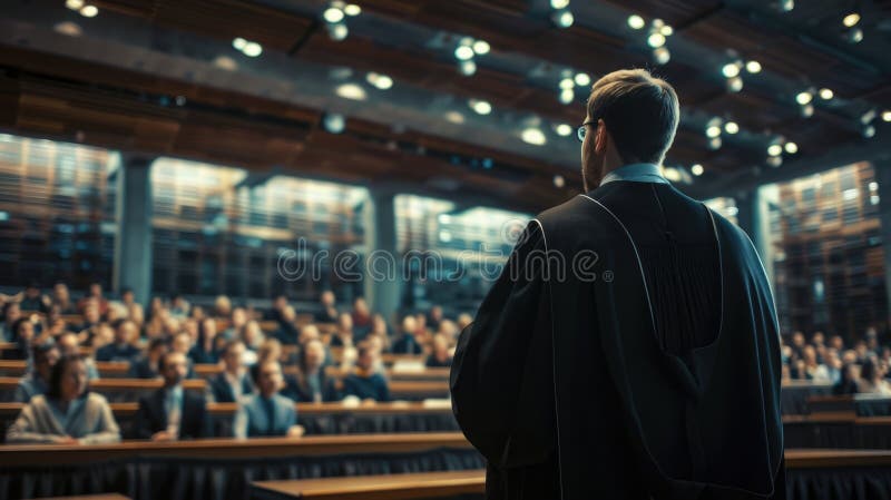 Back View, Speech of a Graduate Behind the Podium, Graduation, Academic ...