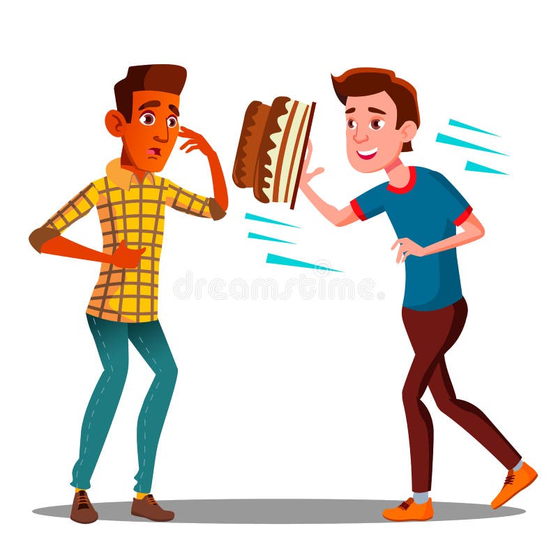 Young Guy Throwing a Cake in the Face of a Friend for Joke Vector ...
