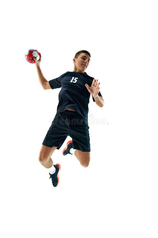 Competitive Young Guy in Uniform, Handball Player in a Jump, Throwing ...