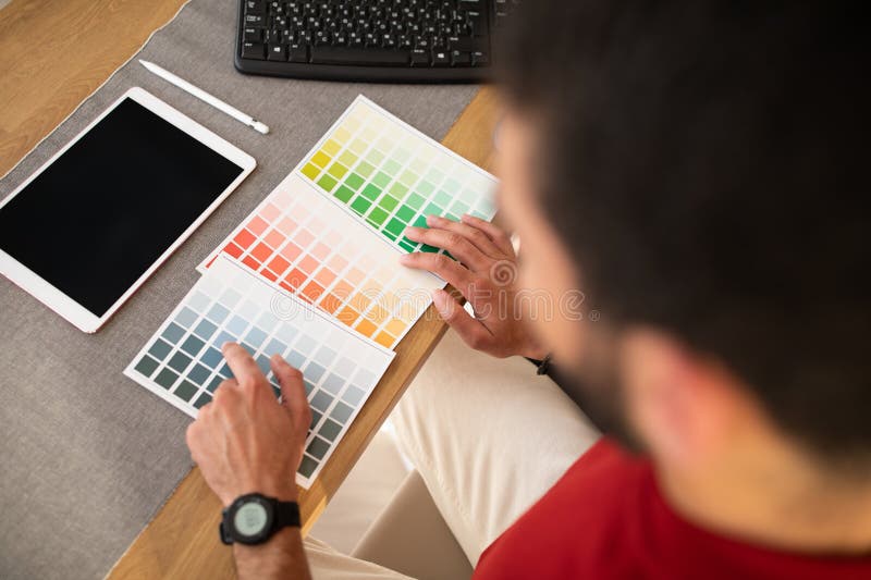 Young Guy Web Designer Using Graphics Tablet in Office, Top View Stock ...