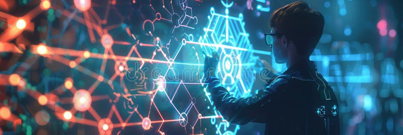 A Young Hacker Analyzes Complex Patterns on a Glowing Digital Interface ...