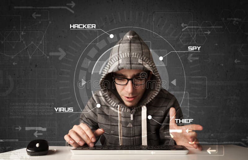 Young Hacker in Futuristic Enviroment Hacking Personal Information ...