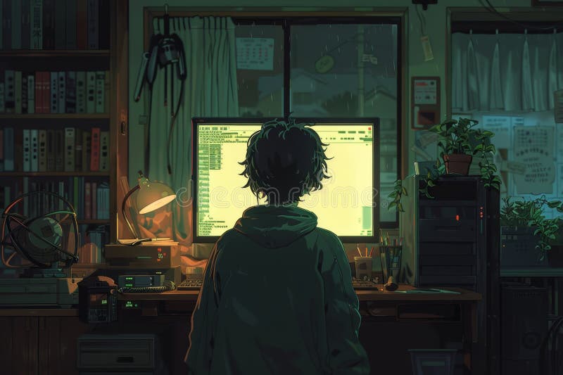 Young Hacker Illuminated by Screen, Immersed in Virtual Adventure among ...