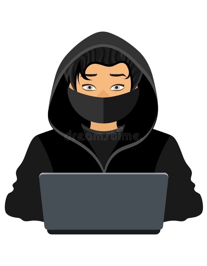 Young Hacker Programmer It Specialist Coder Sitting At A Laptop In A Sweater With A Hood Flat