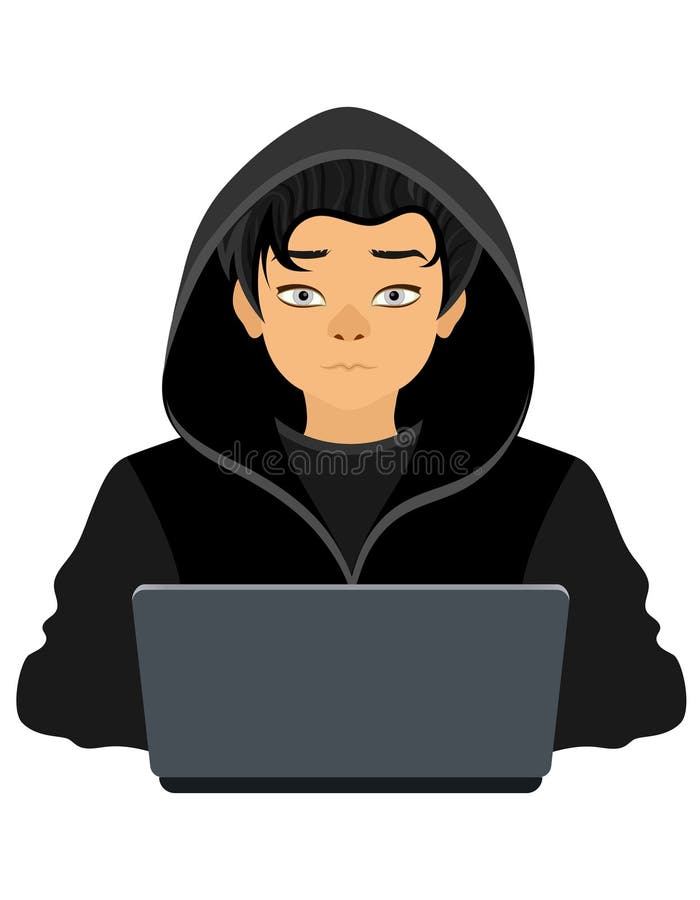 Young Hacker Programmer It Specialist Coder Sitting At A Laptop In A Sweater With A Hood Flat