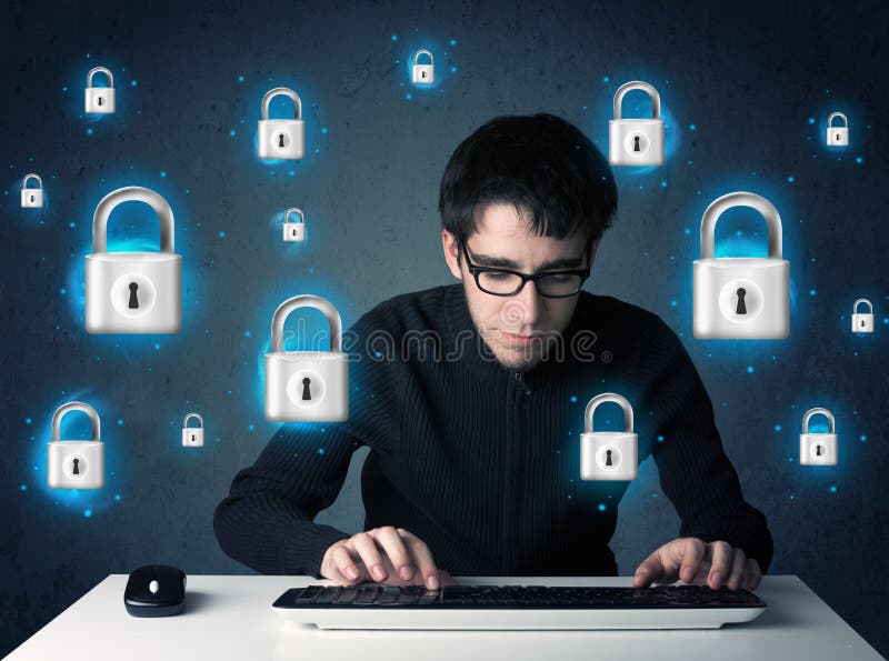 Young Hacker with Virtual Lock Symbols and Icons Stock Image - Image of ...