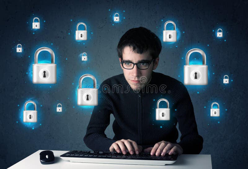 Young Hacker with Virtual Lock Symbols and Icons Stock Photo - Image of ...