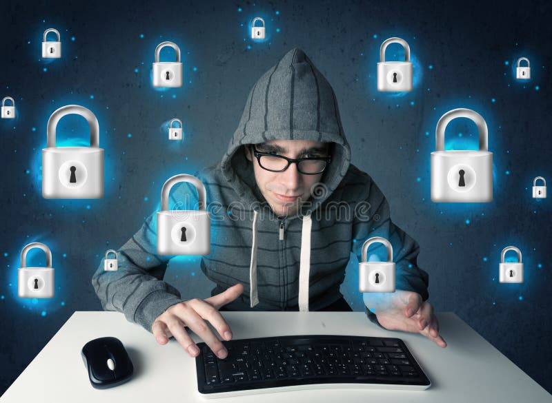Young Hacker with Virtual Lock Symbols and Icons Stock Image - Image of ...
