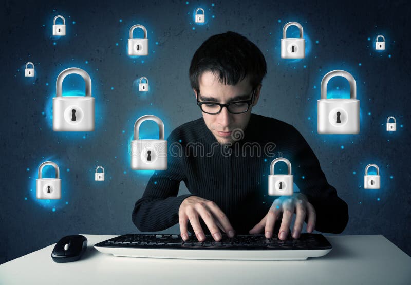Young Hacker with Virtual Lock Symbols and Icons Stock Image - Image of ...