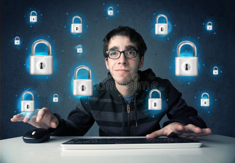 Young Hacker with Virtual Lock Symbols and Icons Stock Image - Image of ...