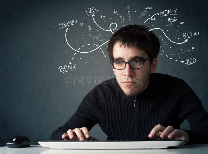 Young Hacker with White Drawn Line Thoughts Stock Image - Image of code ...