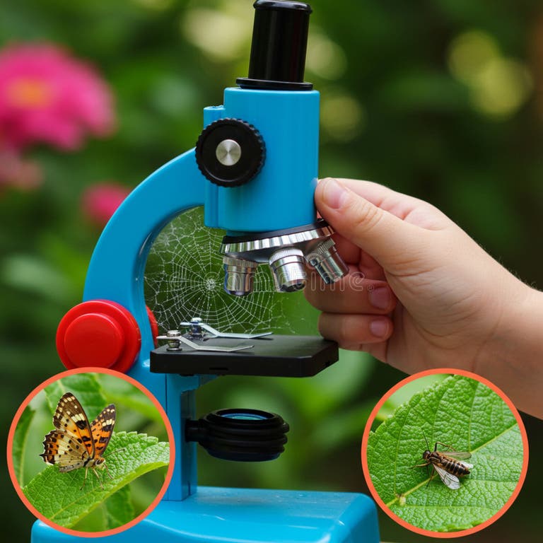 A Young Hand Adjusts a Bright Blue Microscope with Red Accents. Inside ...