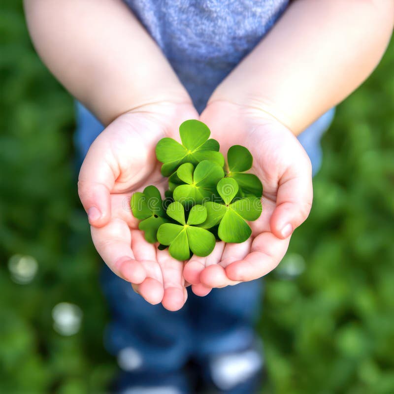 Young Hands Holding Lucky Four-Leaf Clovers Stock Illustration ...