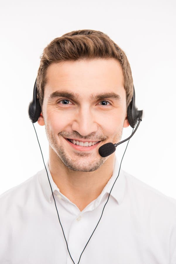Handsome Agent with Headset Typing on Keyboard Stock Photo - Image of ...