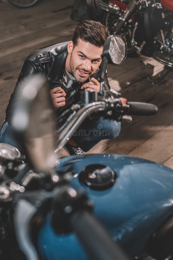 Young Handsome Biker with Classic Motorcycle Stock Photo - Image of ...