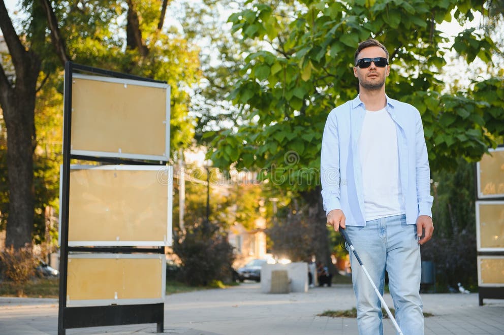 Young Handsome Blinded Man Walking with Stick in Town Stock Image ...