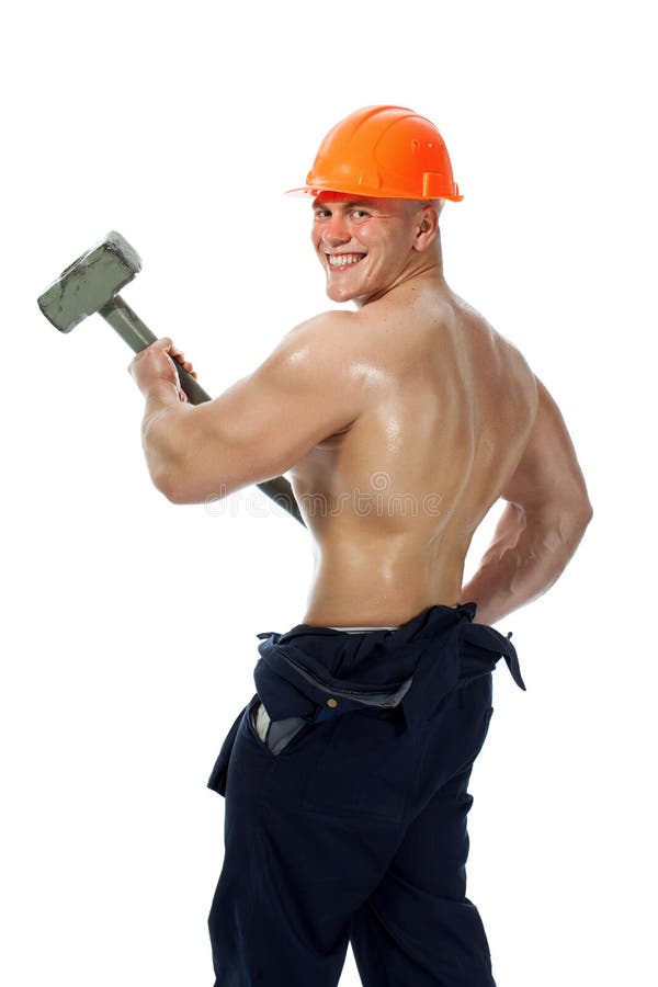 Builder with Hammer Isolated on White Background Stock Photo - Image of ...