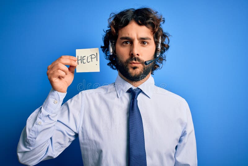 Young Handsome Call Center Agent Man with Beard Working Using Headset ...