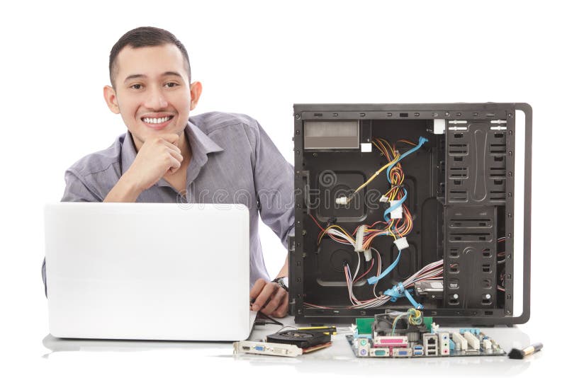 Young Handsome Computer Specialist Smiling while Repairing Computer ...
